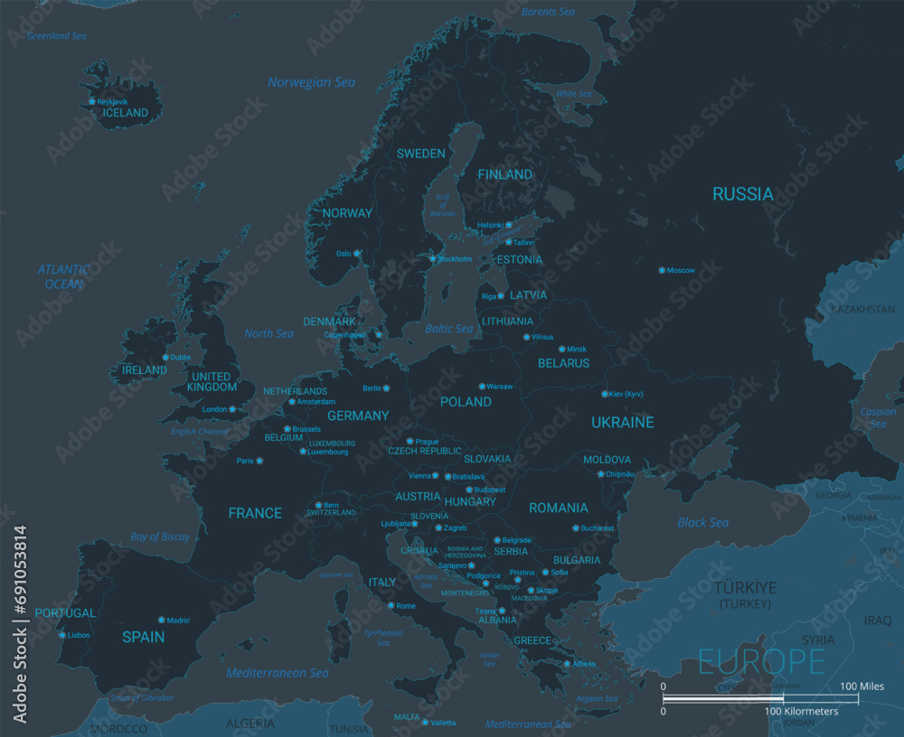 Europe Continent Map. High detailed map of Europe Continent with ...