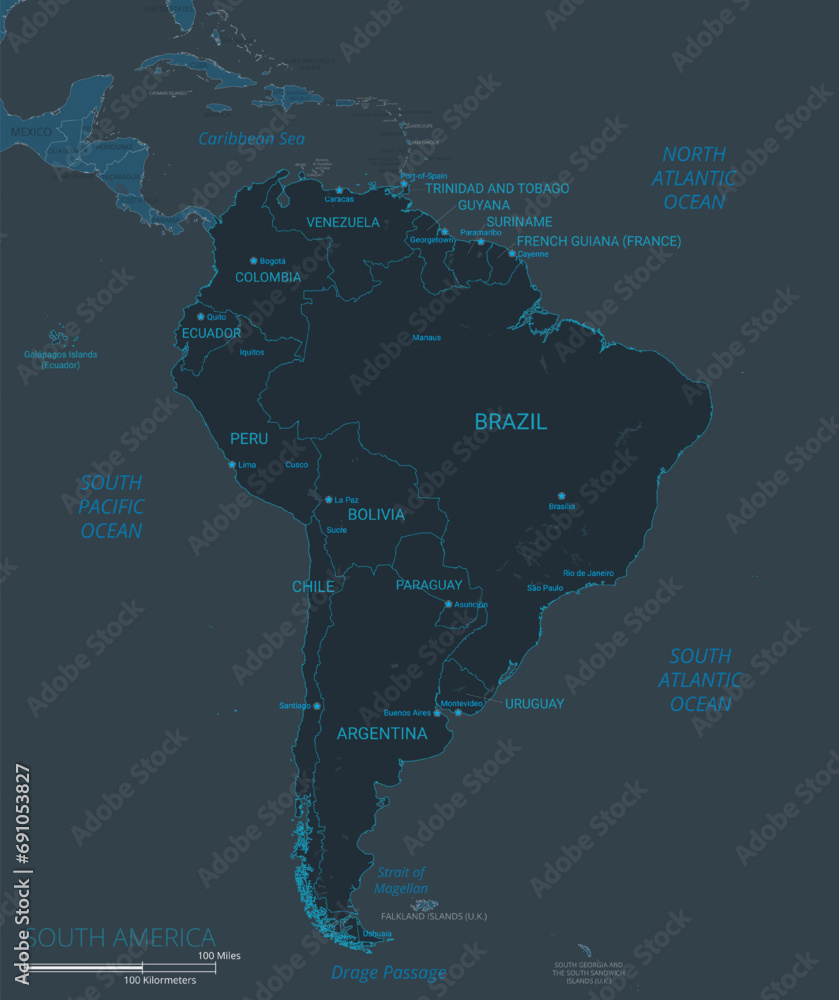 Vecteur Stock South America Continent Map. High detailed map of South ...