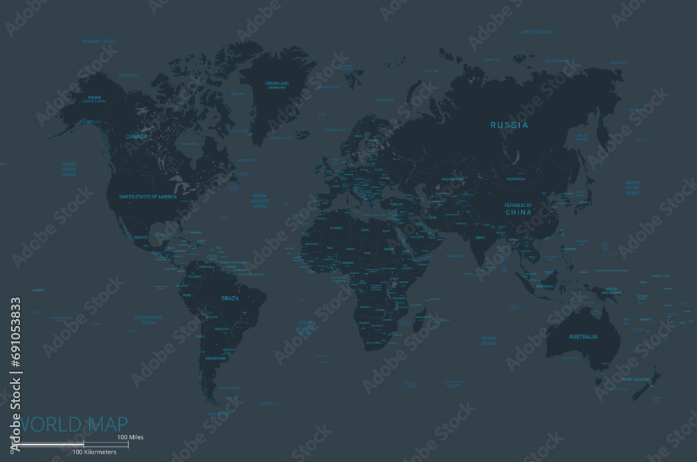 World Map. High detailed map of World with countries, borders, cities ...