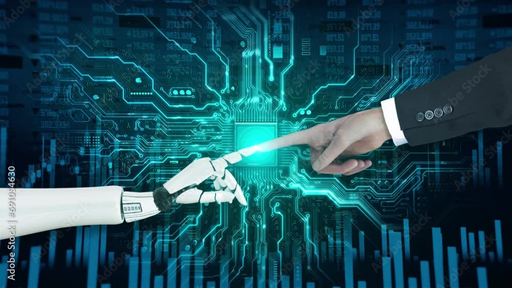 4K Artificial intelligence machine learning technology finger touching ...