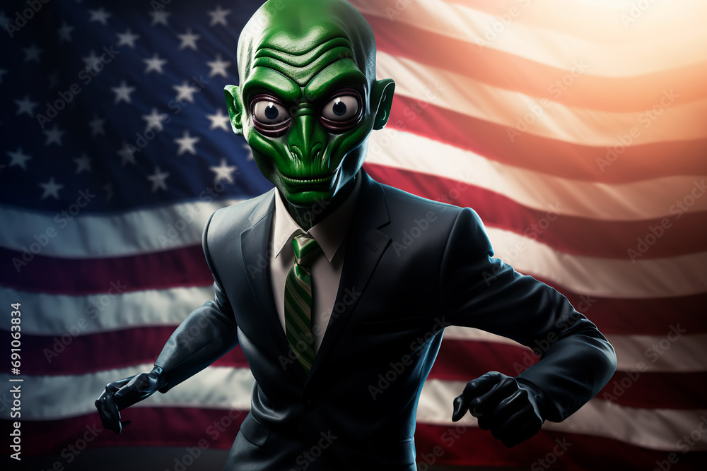 Playful illustration: A green alien confidently serves as the President ...