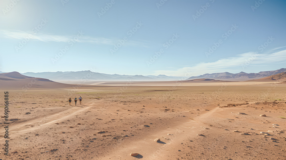 Ultramarathon runners traversing a desert landscape in a long-distance ...
