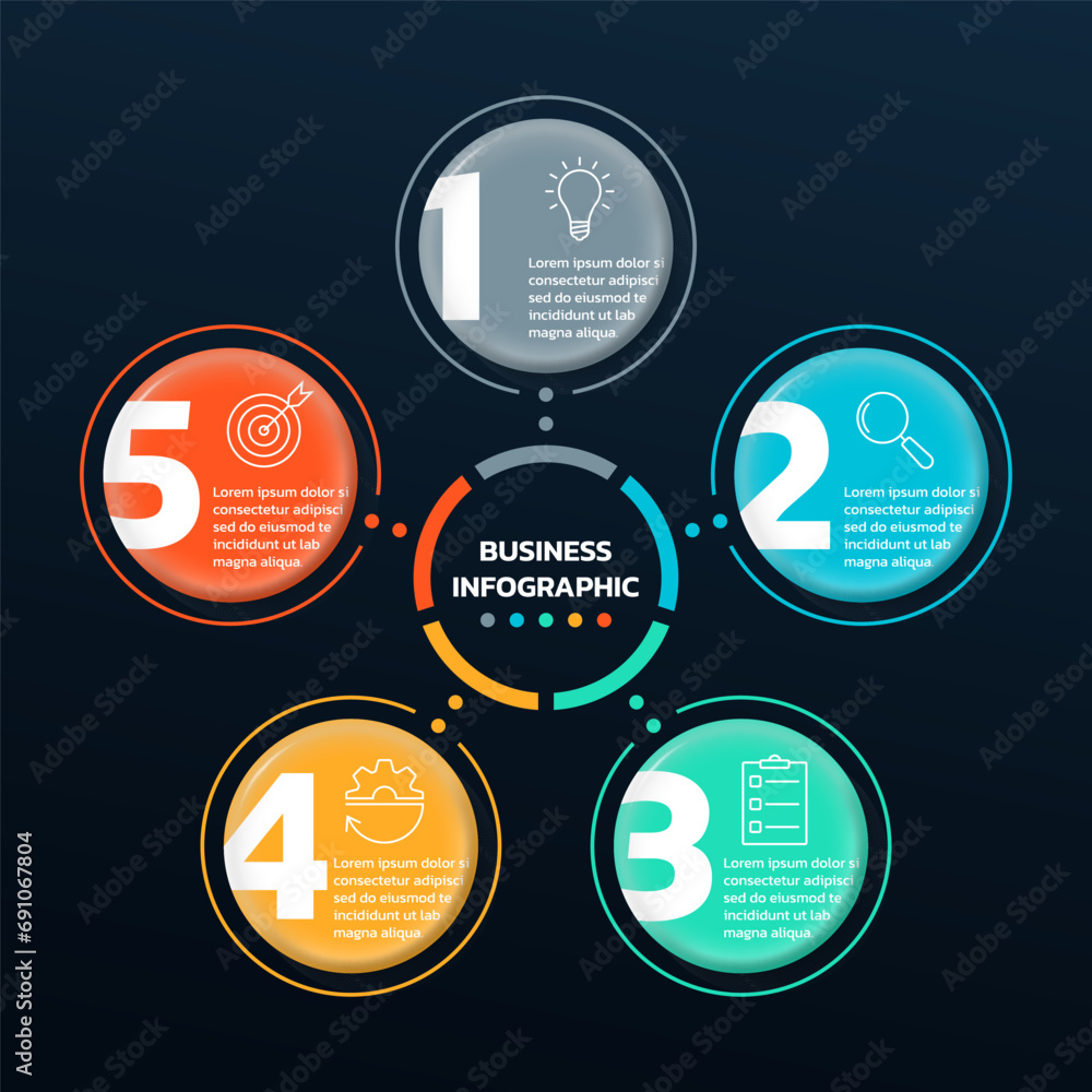 5 step diagram with five number circles. Circular chart, graph info ...