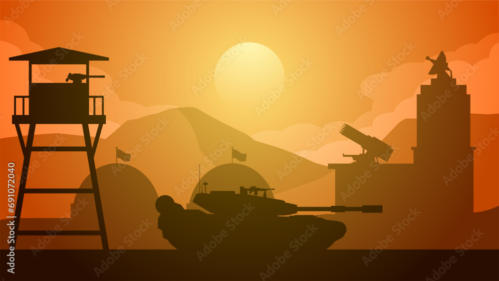Military base landscape vector illustration. Silhouette of at military ...