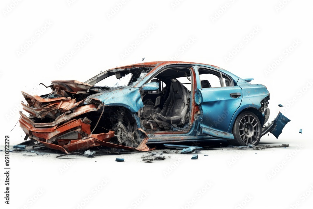 A race car wrecked, destroyed sport car, damaged fast vehicle isolated ...