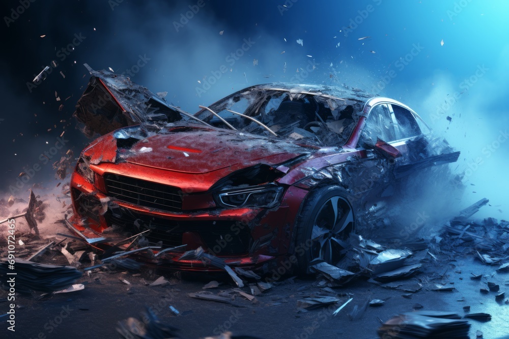 Race car wrecked, destroyed sport car, damaged fast vehicle isolated on ...