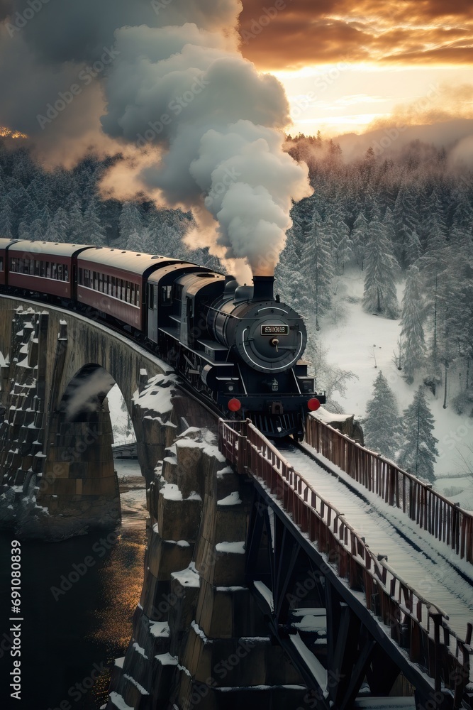 Historic steam locomotive. Old vintage red train ride in the snowy ...