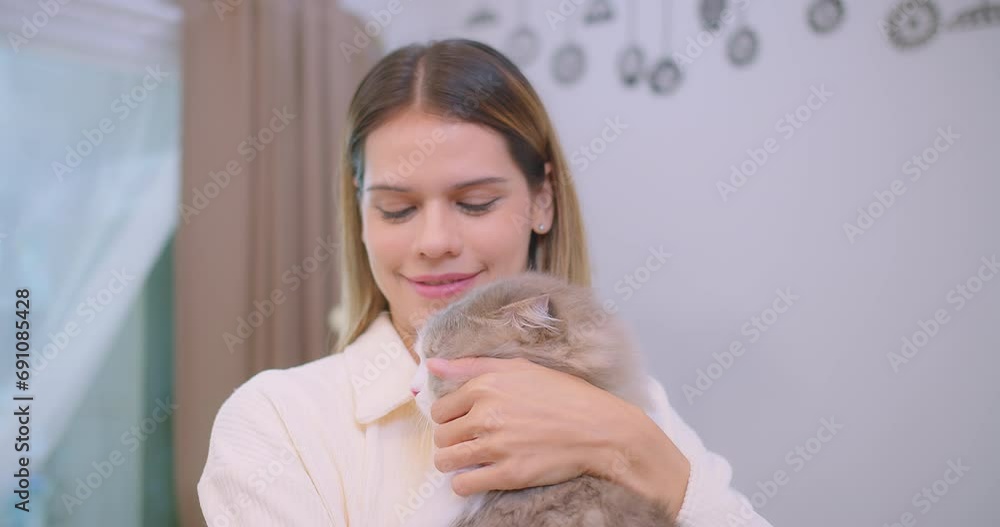 Portrait cute pretty young beautiful woman hugging embrace cute little ...