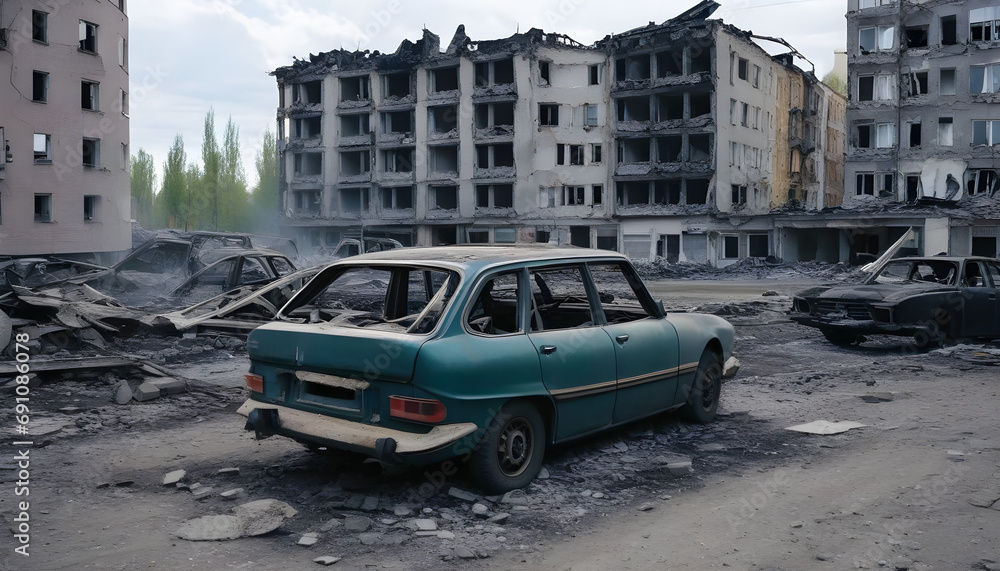 Russia war damage building destruction city war ruins city damage car ...