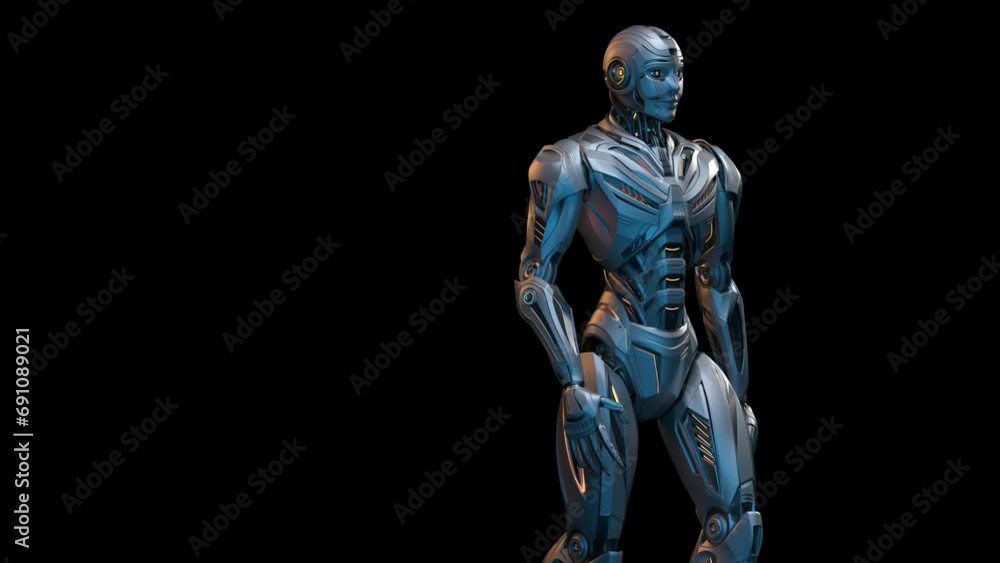 Futuristic robot man walk or male humanoid cyborg steps from left to ...