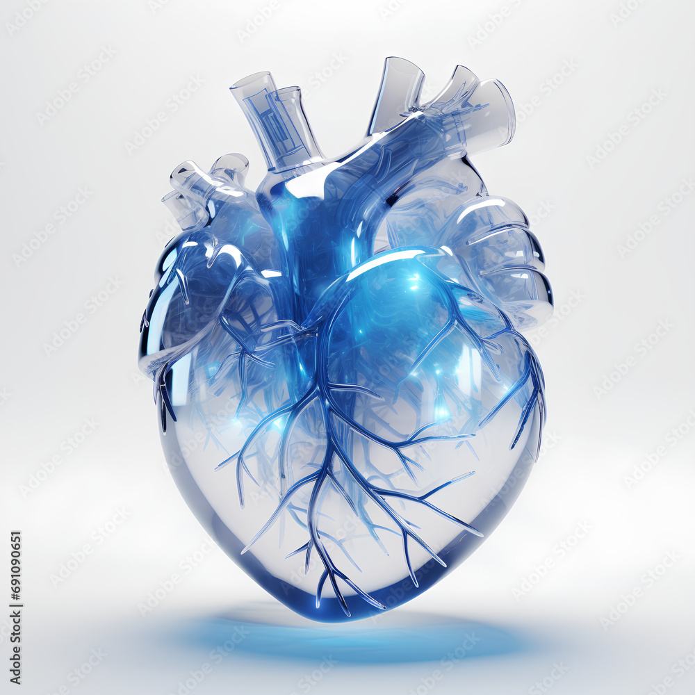 Logo of a blue human heart in full view with transparent skin depth ...