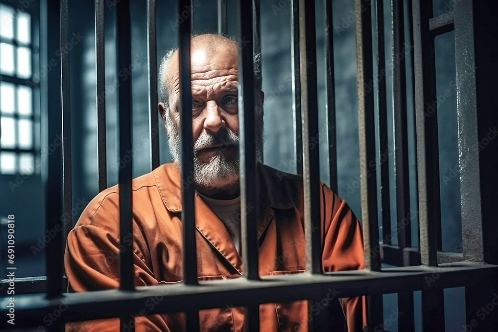 A middle-aged prisoner in an orange uniform sits in a prison cell. The ...