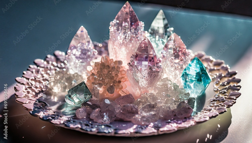 vari tipi di cristalli dentro un piatto decorato colori pastello ...