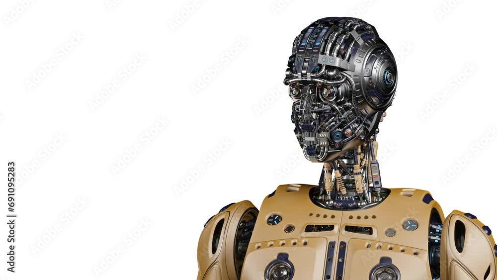 Futuristic robot man walk or very detailed humanoid cyborg steps from ...