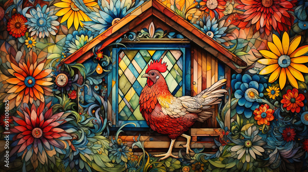 An artistic depiction capturing the intricate patterns of a chicken ...