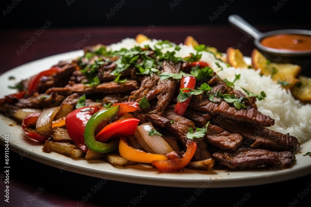 Lomo Saltado: Peruvian Stir-Fry Sirloin with Rice and Fries Stock-Foto ...