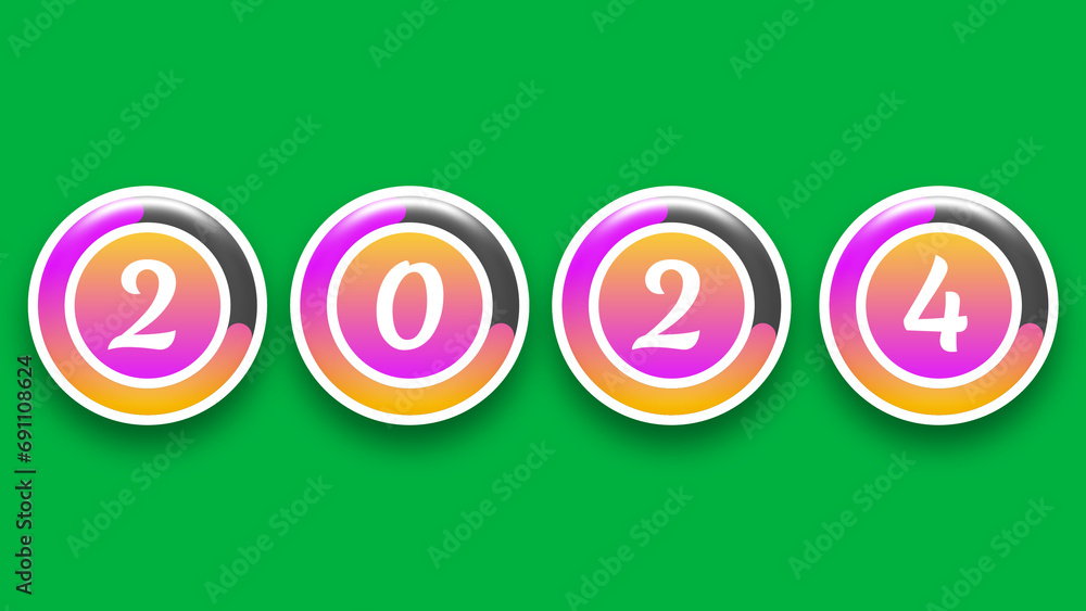 2024 in progress indicator, 2024 loading icon on green screen. New year ...