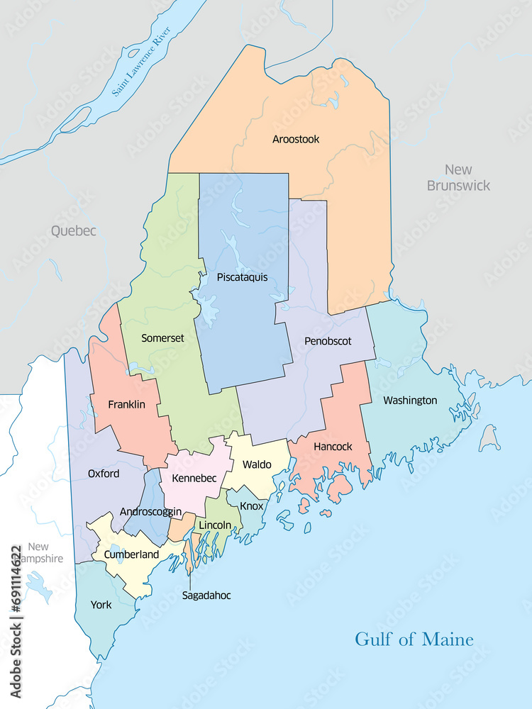 Colorful political map of the counties that make up the state of Maine ...