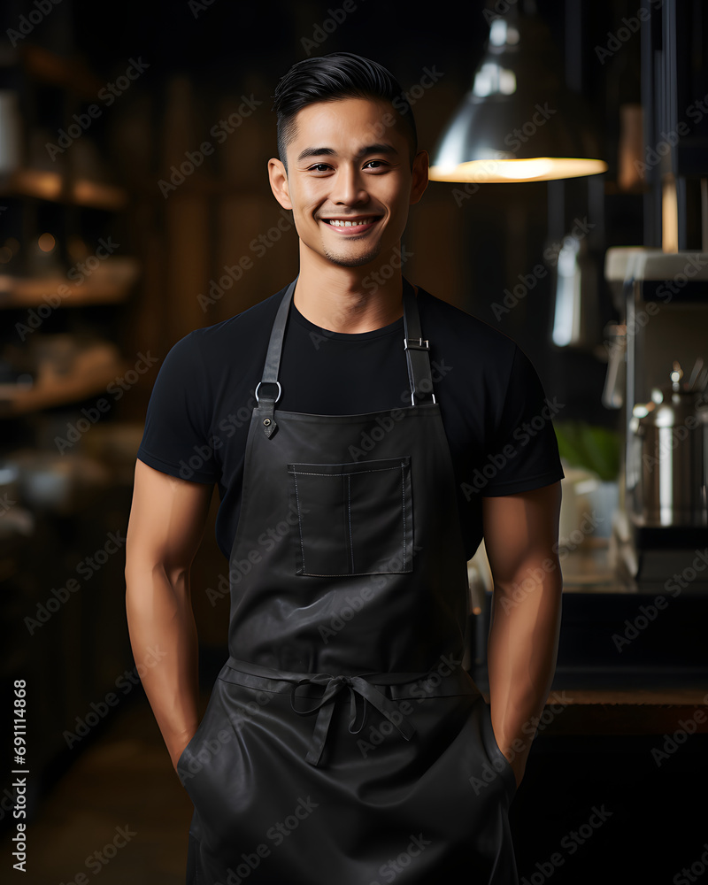 Male barista using apron with smiling face coffee shop background Stock ...