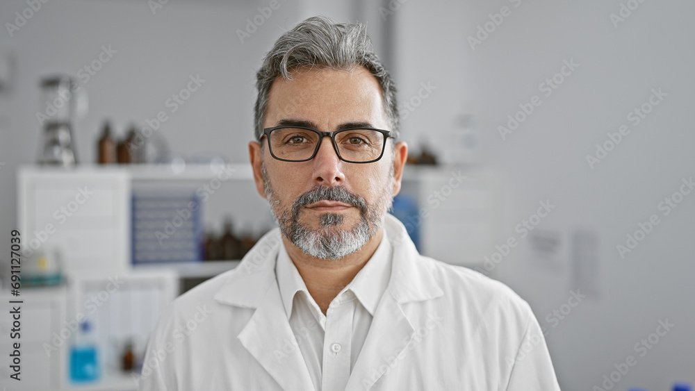 Handsome, grey-haired young hispanic male scientist seriously focused ...