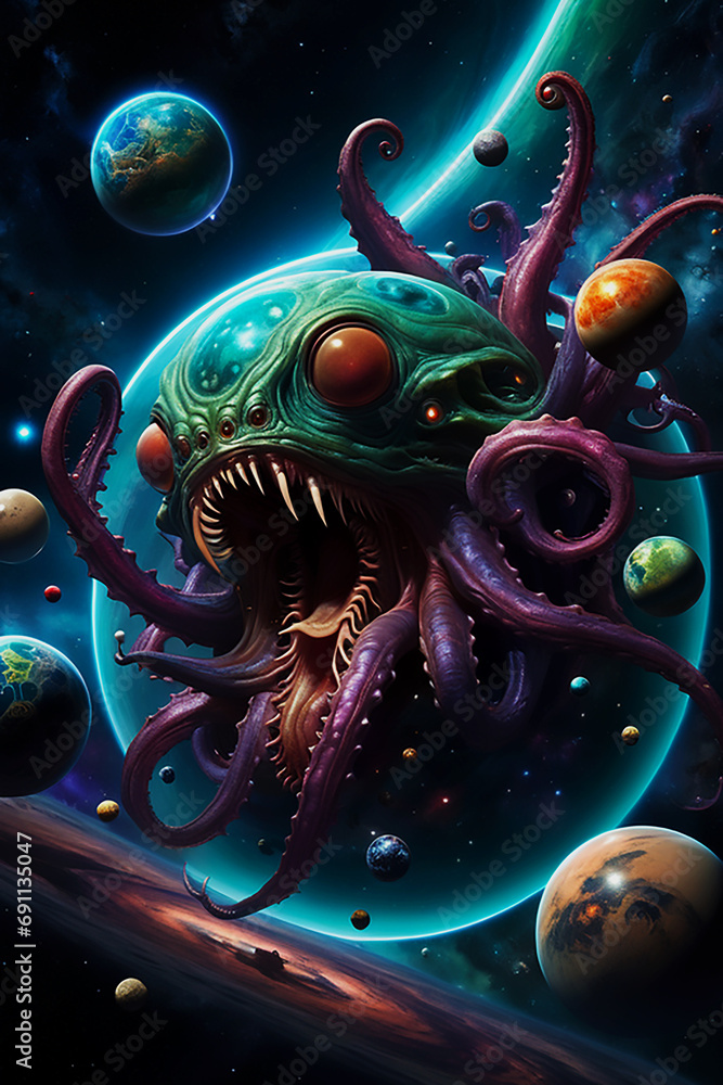 Giant Octopus Planet Alien Monster on Outer Space Galaxy Universe Blackhole Cosmic Creature ...