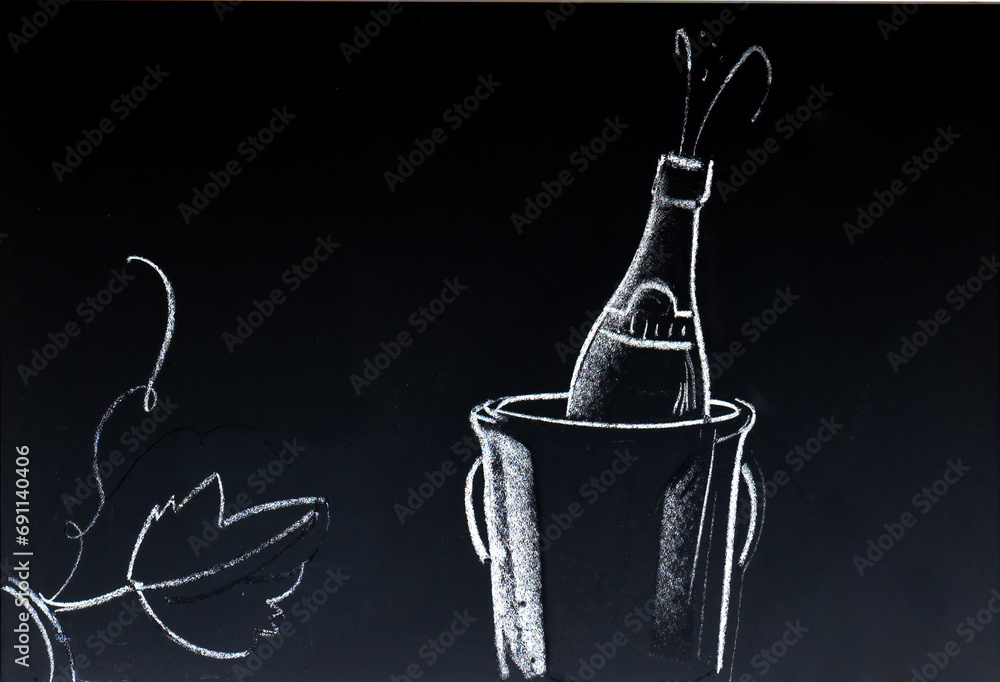 Chalk drawing of a bottle of sparkling wine in a bucket with wine leaf ...