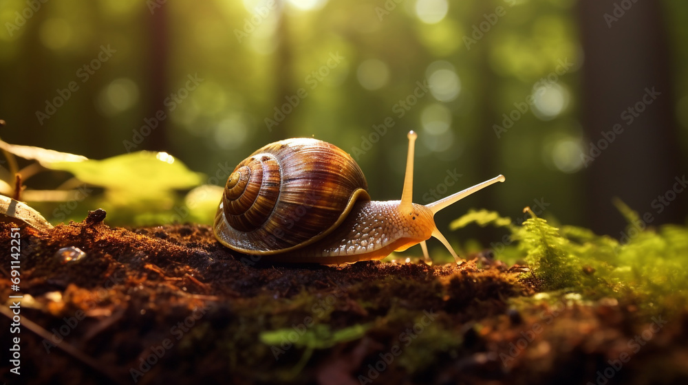 realistic close up photo of snail in a sun dappled forest created with ...