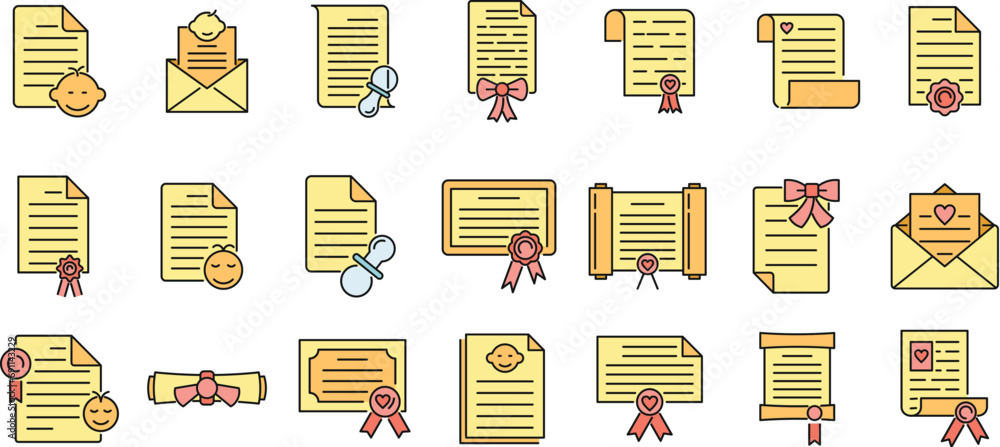 Certificate of birth icons set. Outline set of certificate of birth ...