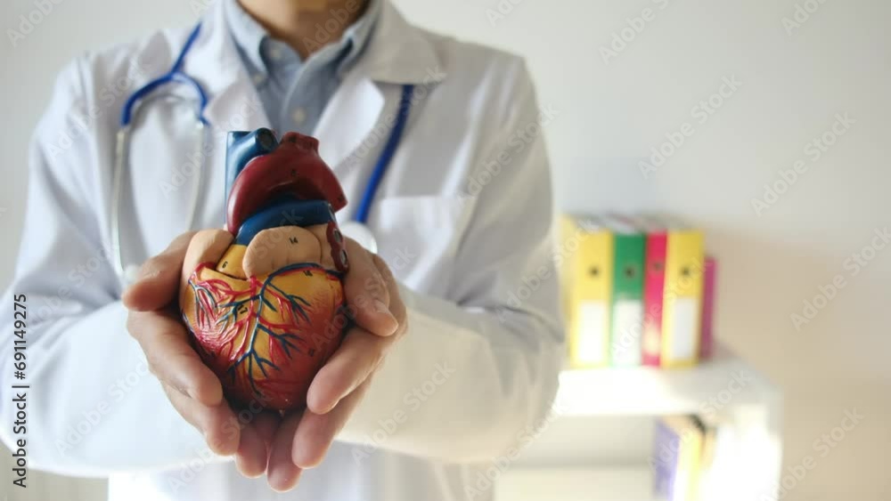 A doctor with a model of a human heart in a medical center ...