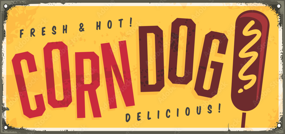 Delicious corn dogs vintage style sign design for fast food stand or ...