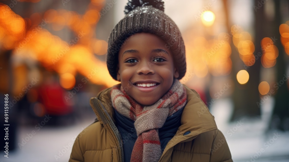A young boy is wearing a hat and scarf. This image can be used for ...