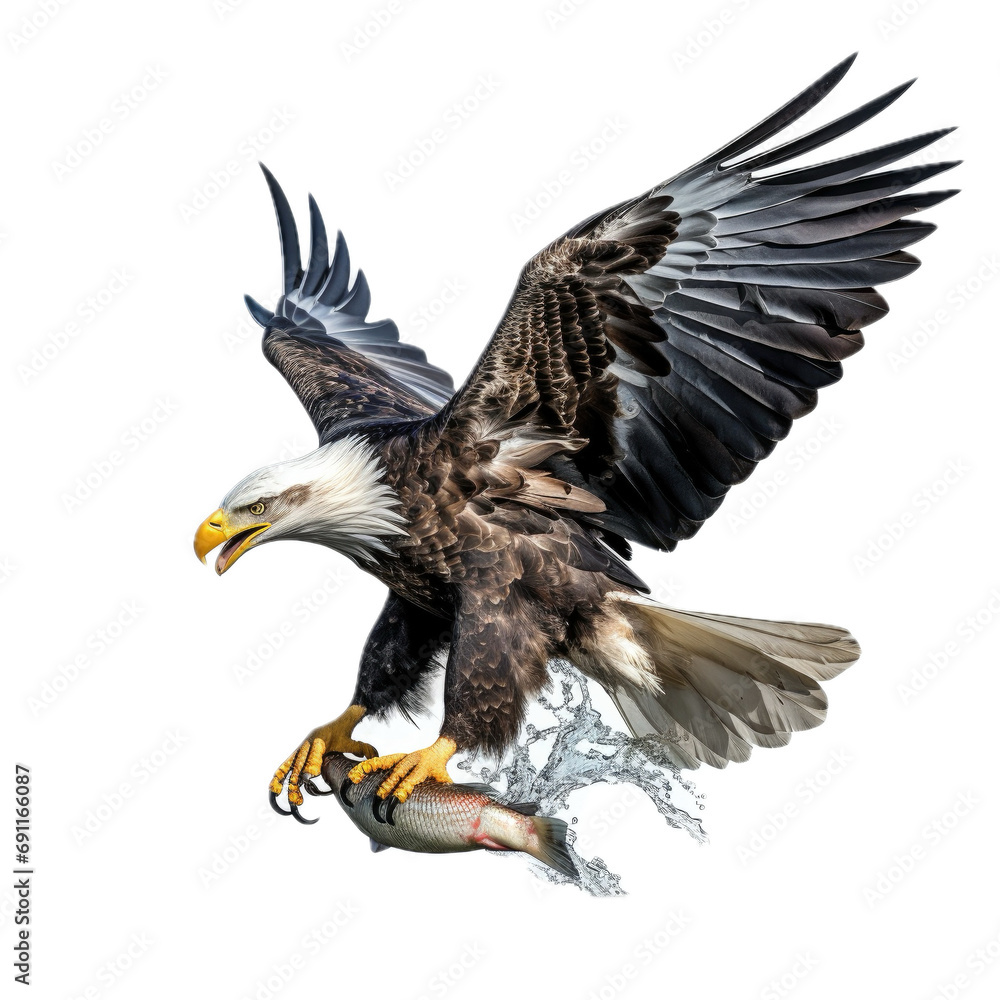 a Bald eagle with a fish in its talons, 3/4/side view, isolated and ...