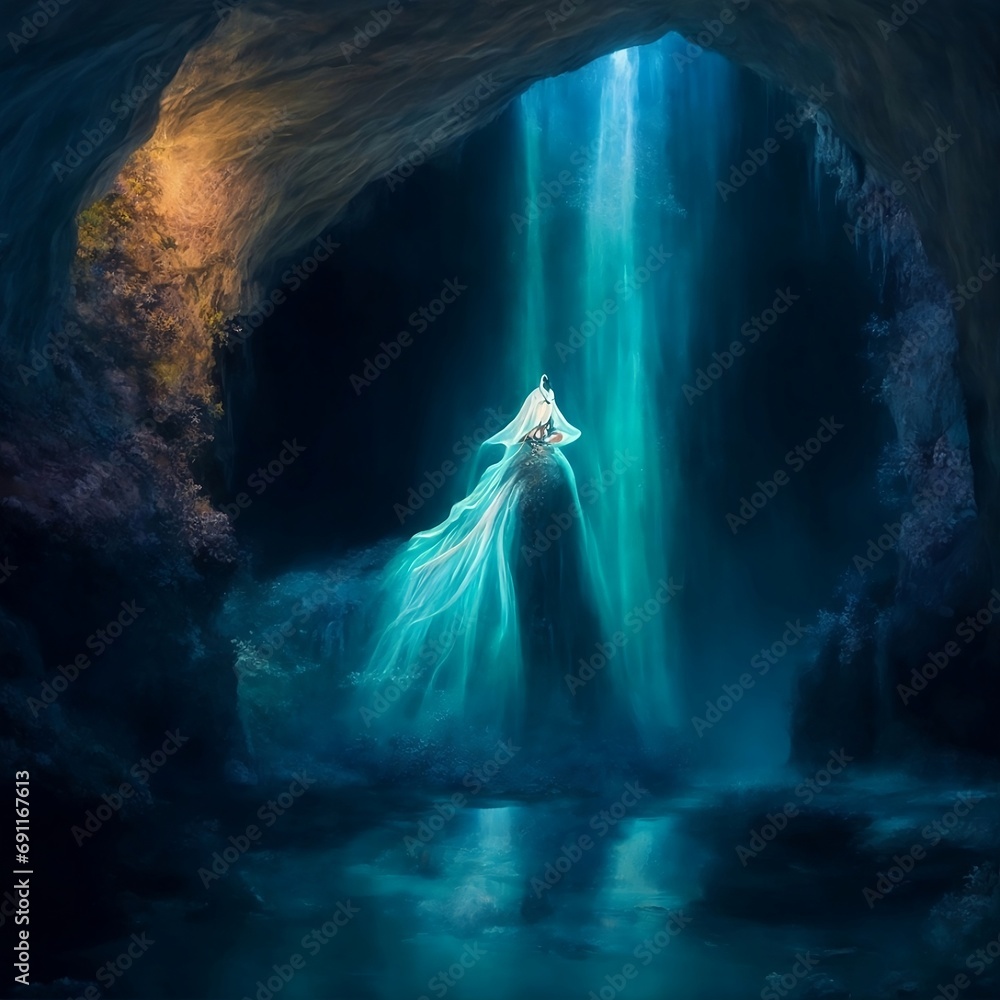 In the heart of a cavernous grotto adorned with bioluminescent fungi, a mysterious figure draped ...