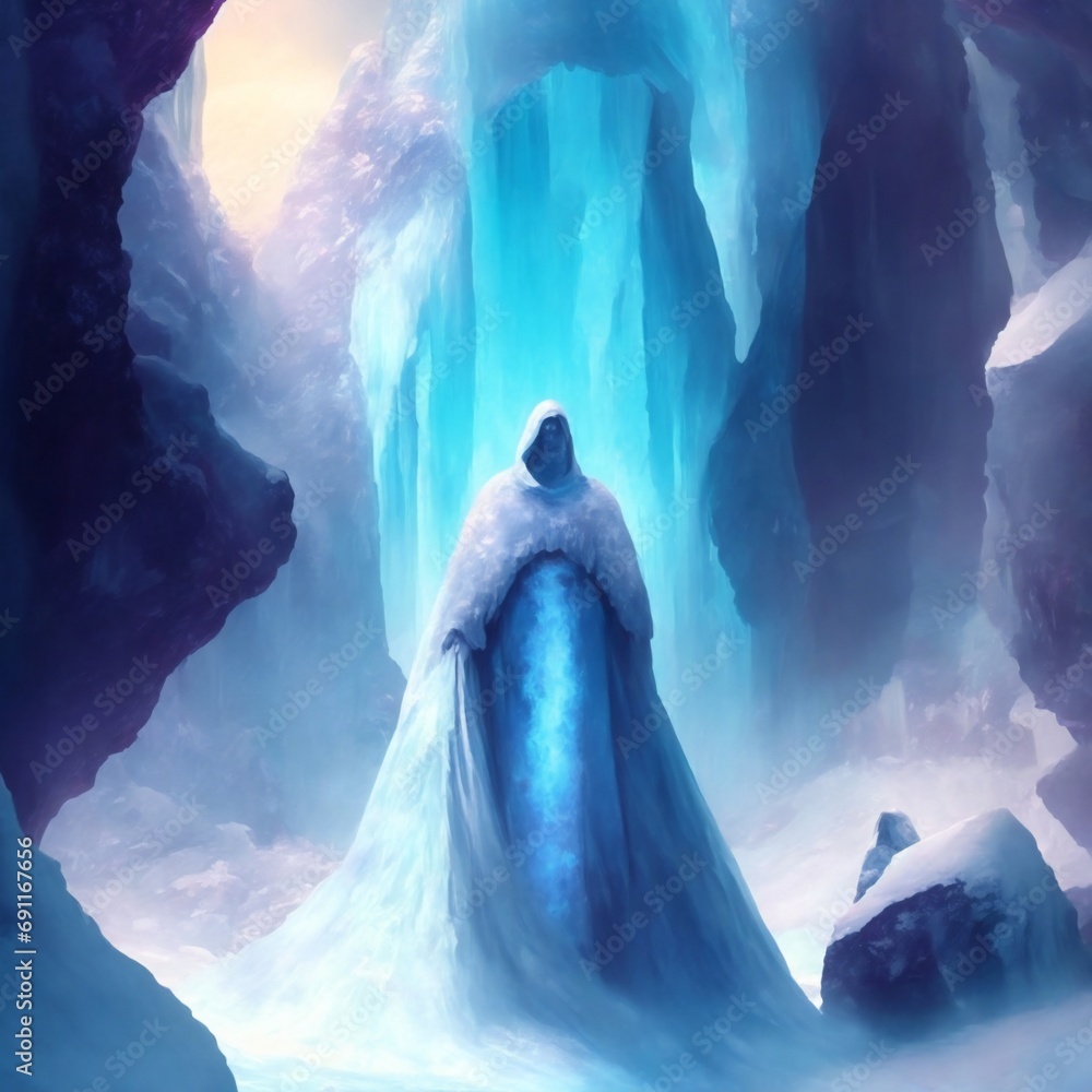 In a crystalline cave of ice and snow, a mysterious figure draped in an ...
