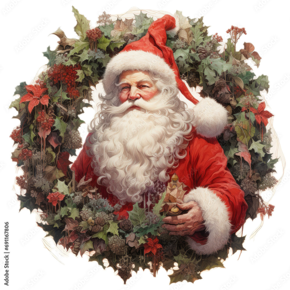 Santa Clause in the center of a Christmas wreath, front view, isolated ...