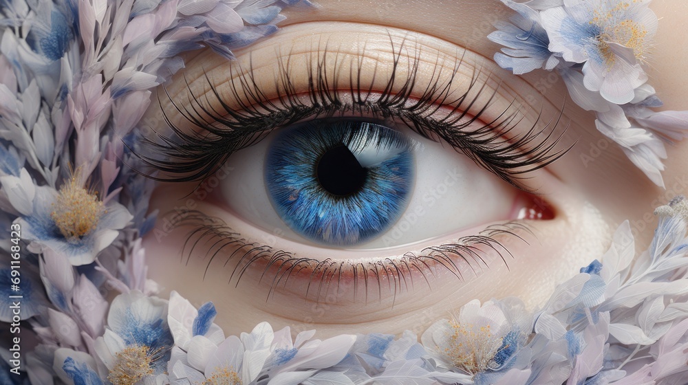 a close up of a woman's eye with blue and white flowers on her body and ...