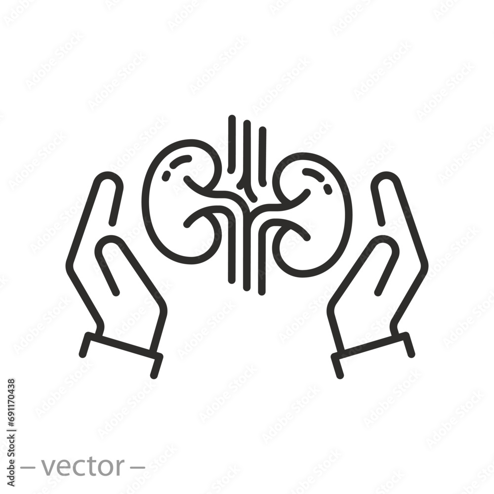 icon of kidneys care icon, hands holding urinary system, kidney concept ...