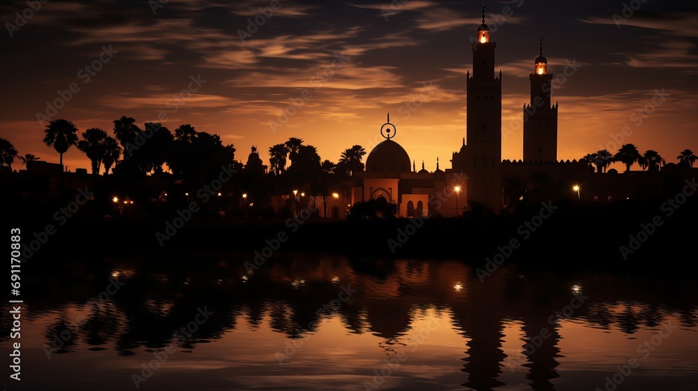 The kotoubia mosque is shining under the crescent moon during a ...