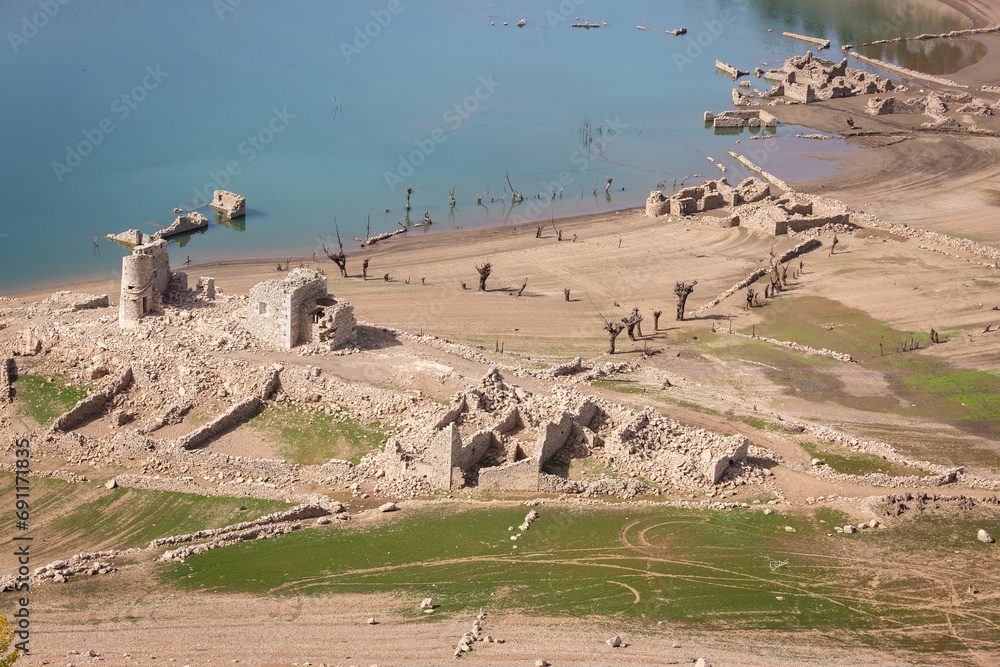 ruins of Minera de Luna flooded village, Barrios de Luna, province of ...
