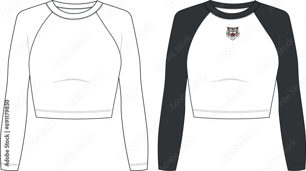 women basic round collar, long raglan sleeve crop tshirt technical ...