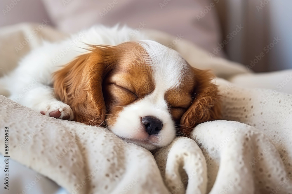 Cute Cavalier King Charles Spaniel puppy sleeping on a bed with a paw ...