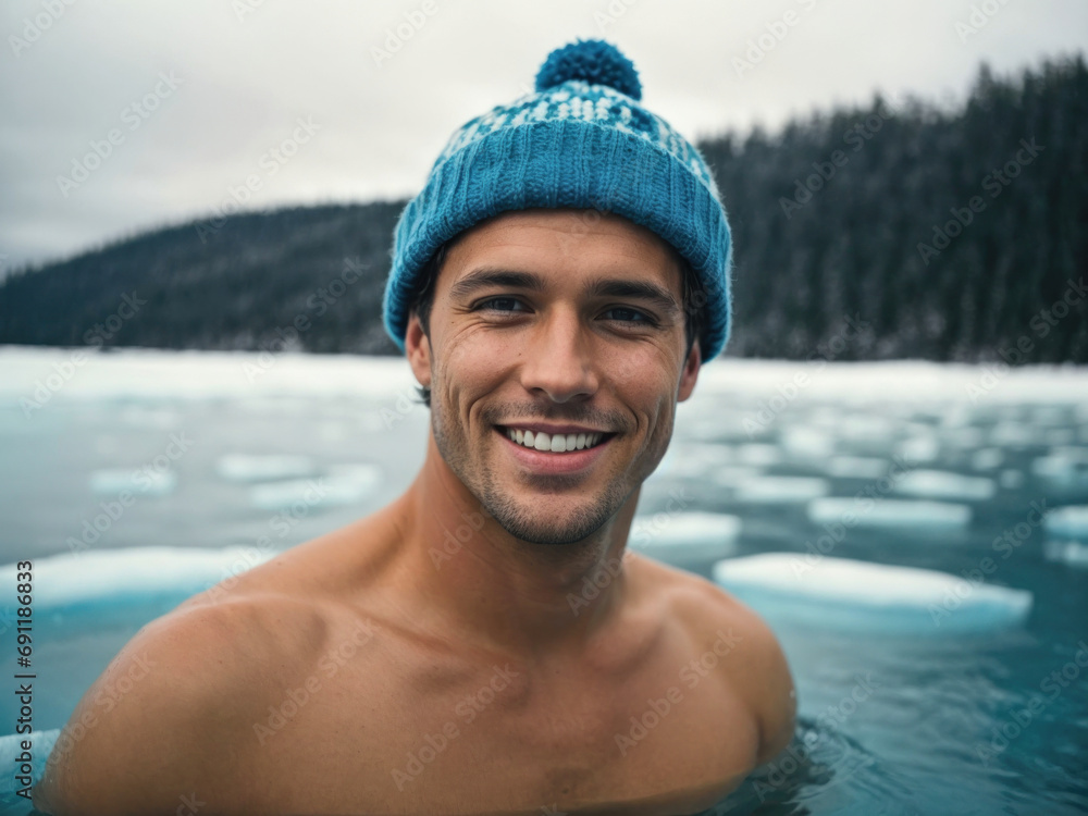 Man in ice cold water of winter lake. Cold water therapy. Stock-Foto ...