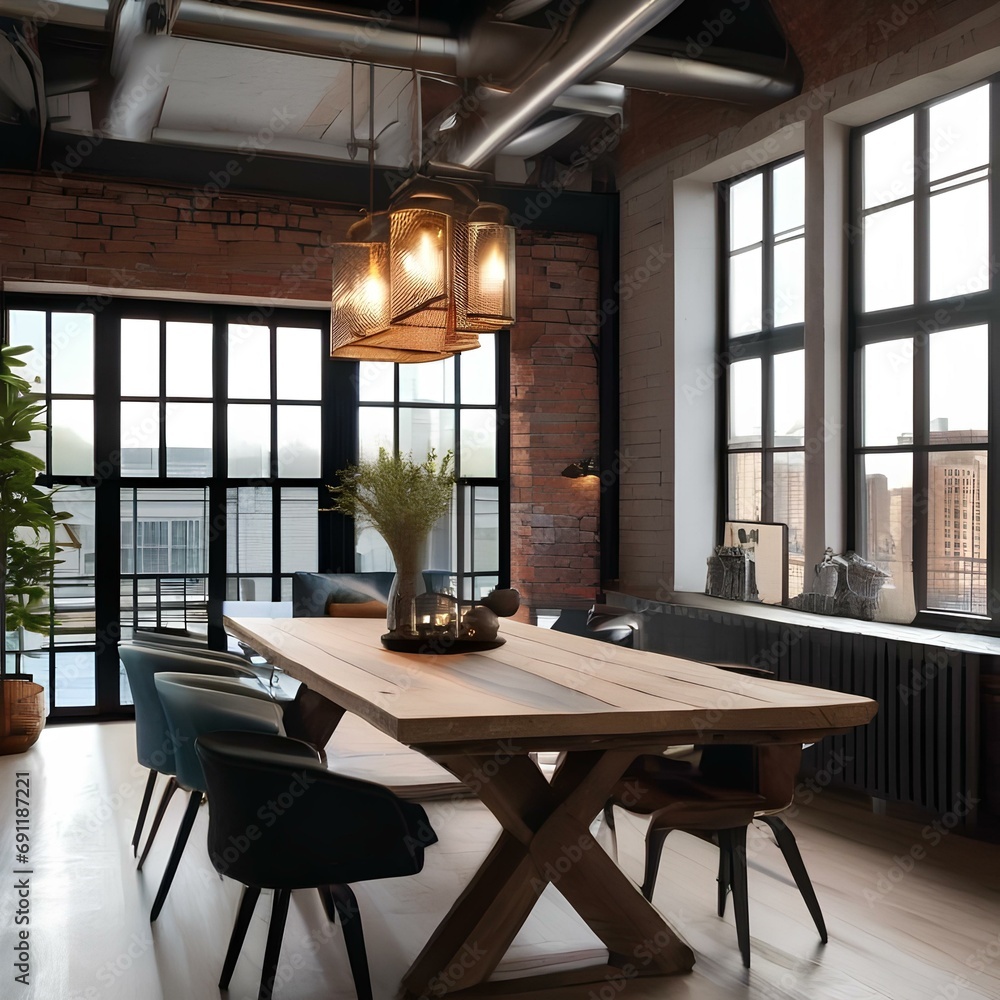 An industrial-chic loft dining room with a reclaimed wood table and ...