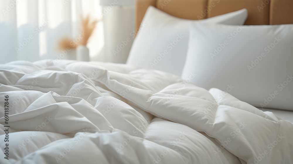 Foto de Bright and airy image of white folded duvets on white bed ...