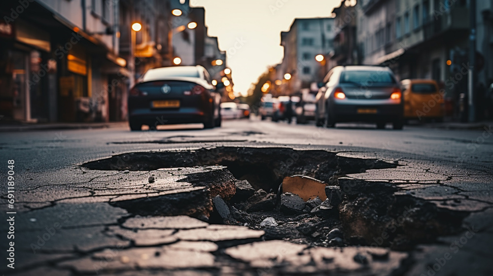 Dynamic and striking photo of deteriorated city street or road with ...