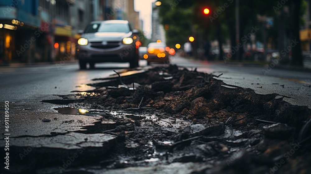 Dynamic and striking photo of deteriorated city street or road with ...