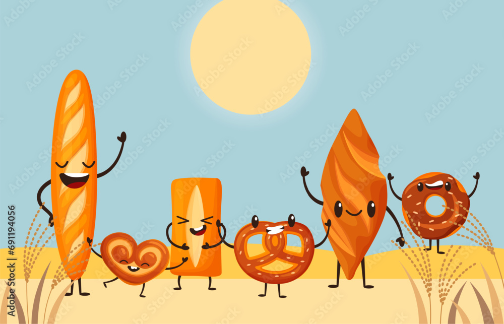 Cute cartoon bread characters. Funny baguette, bun and donuts ...