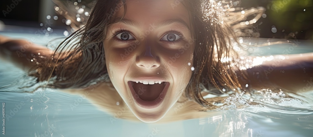 Foto de A tween girl in a swimming pool covers her mouth with her hand ...