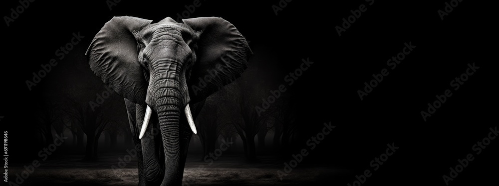 a Bull Elephant with tusks in a black and white photo, Chiaroscuro ...