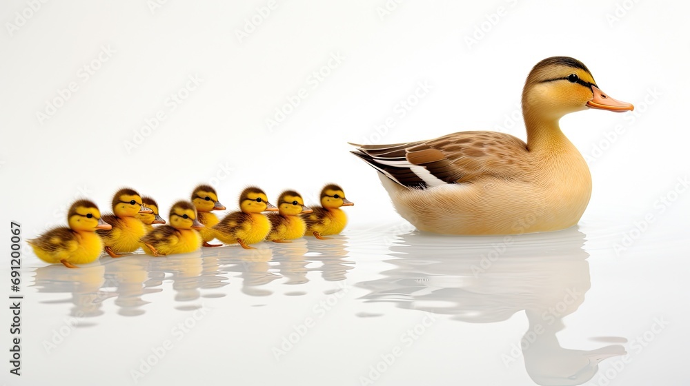 ducklings in a row following their mother with a light background in a ...
